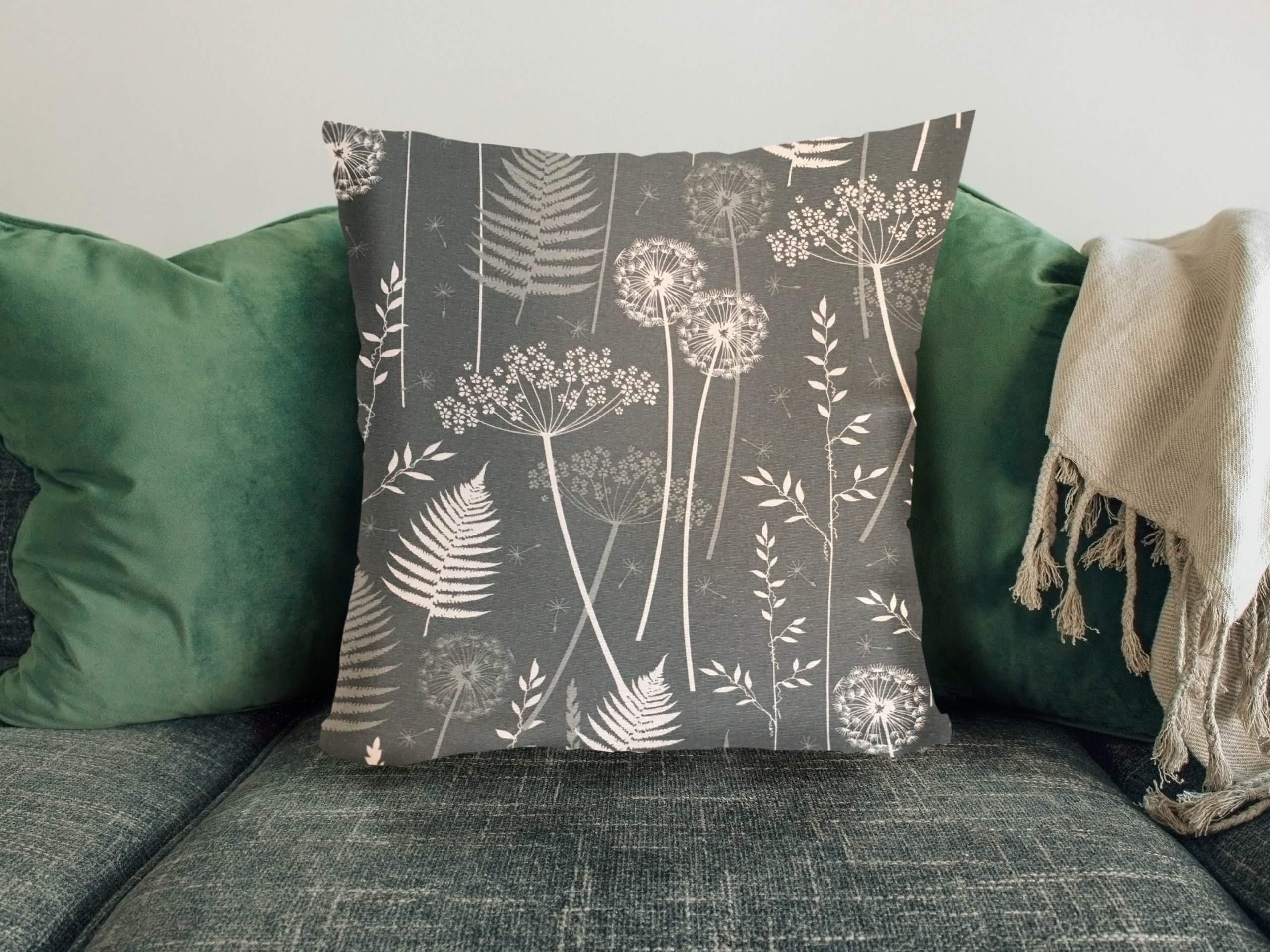 Dark Moss Botanical Sofa Cushion, 40cm Scatter Cushion - Light Owl