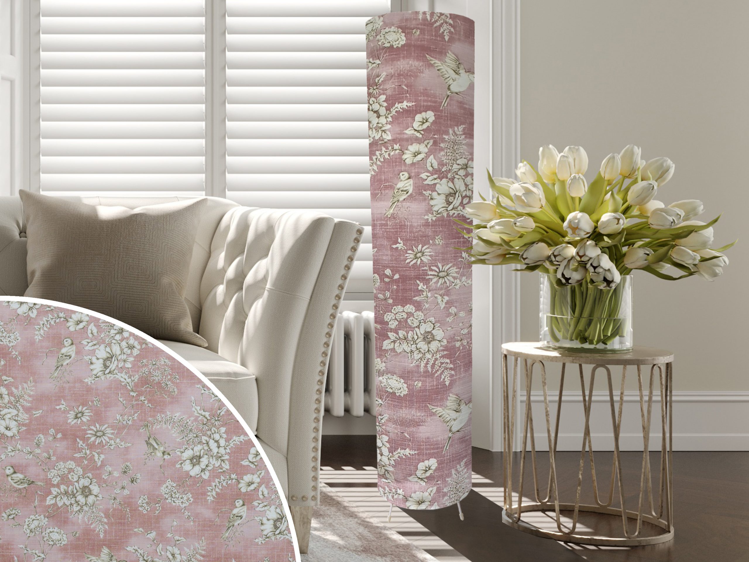 French Toile Pink Floor Lamp, Country Home Interior - Light Owl