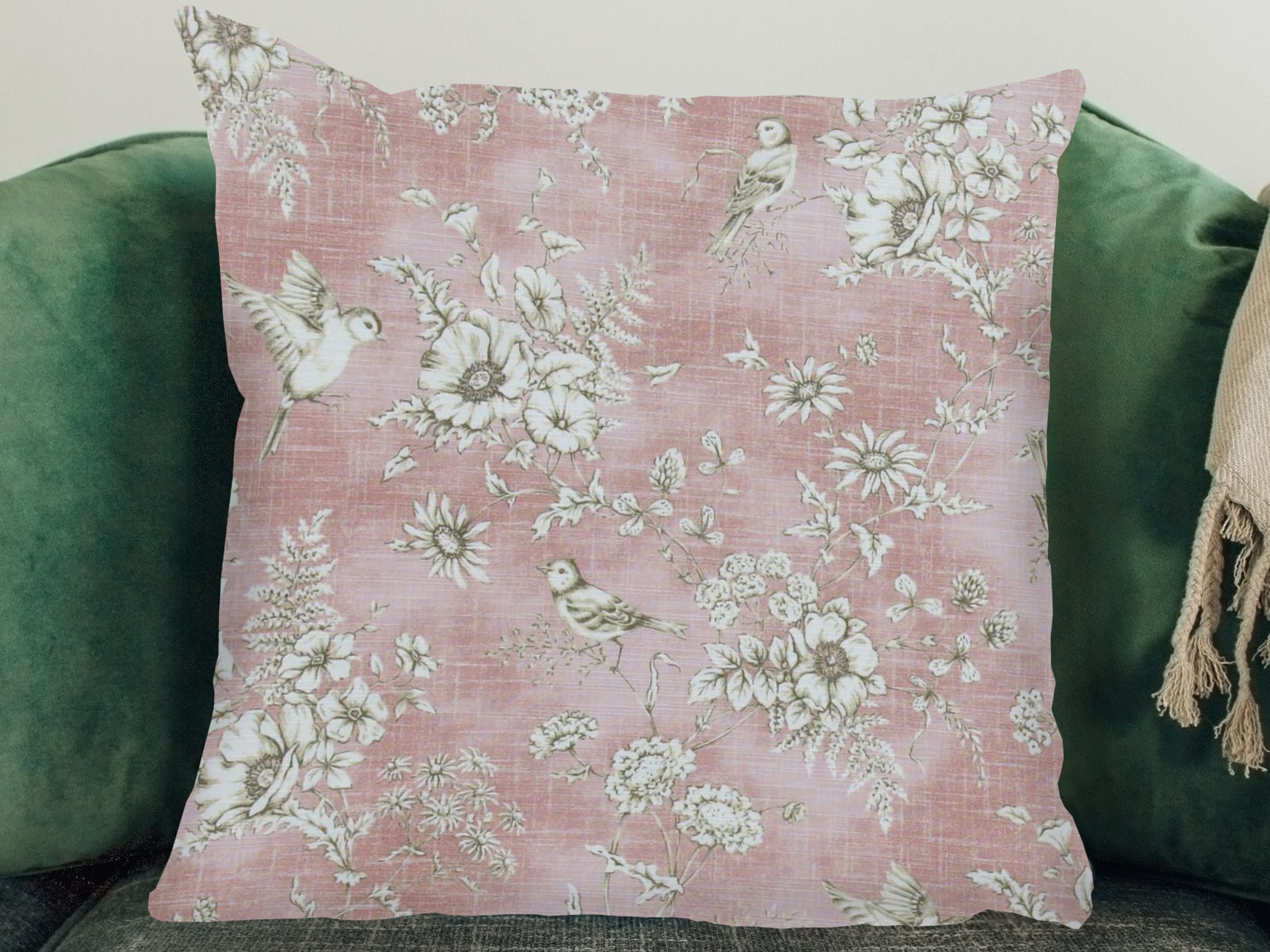 French Toile Pink Sofa Cushion, Classic Country Home - Light Owl