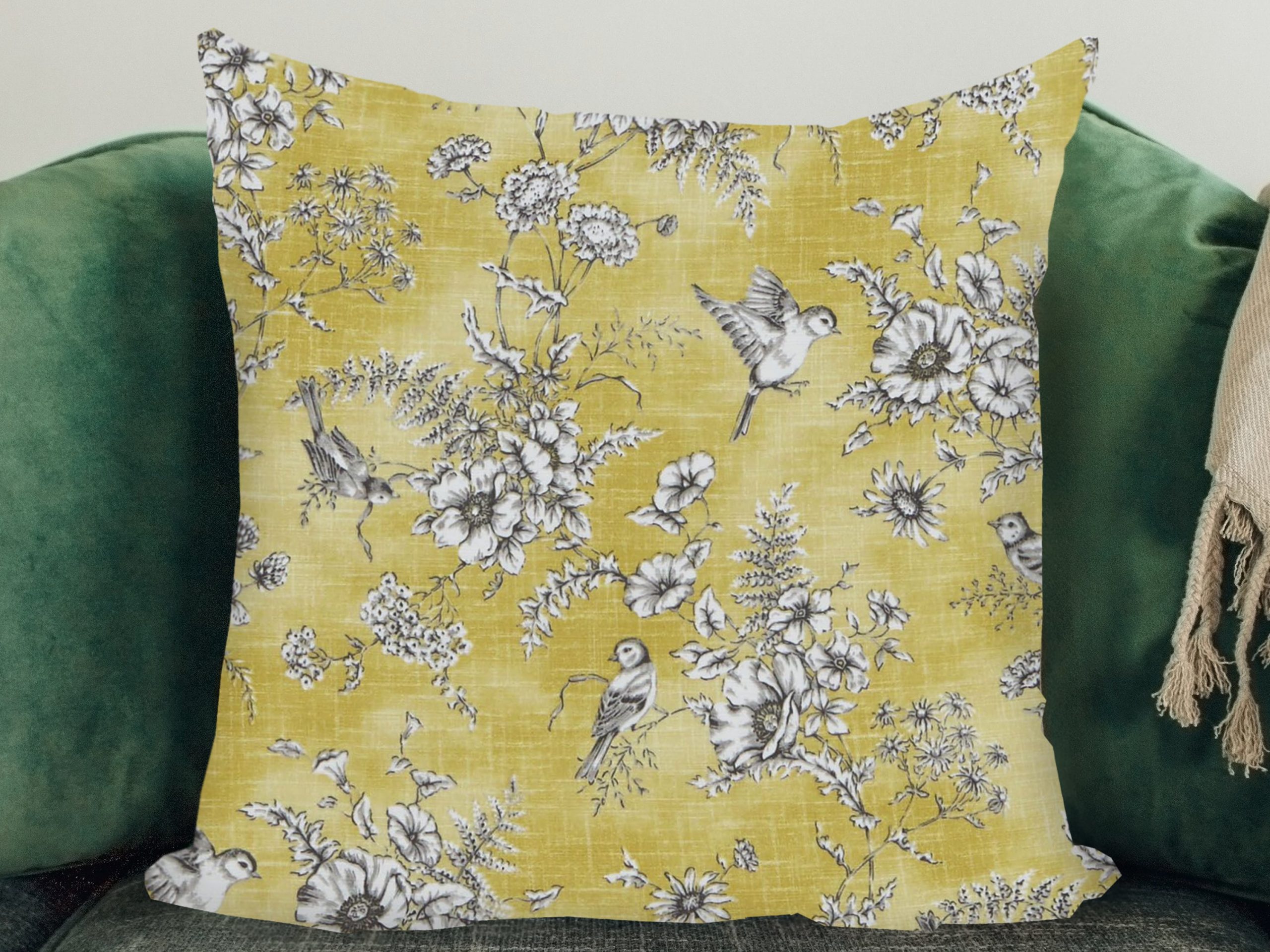 French Toile Yellow Scatter Cushion, Country Home - Light Owl
